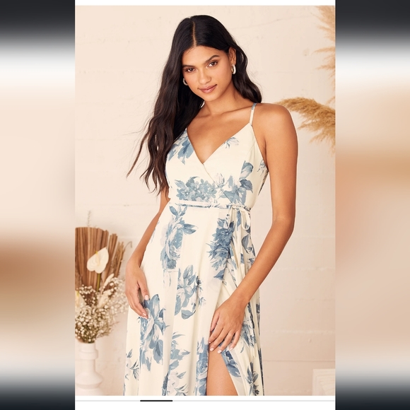 Lulus Dresses Lulus Cream And Blue Floral Print Wrap Maxi Dress Nwt